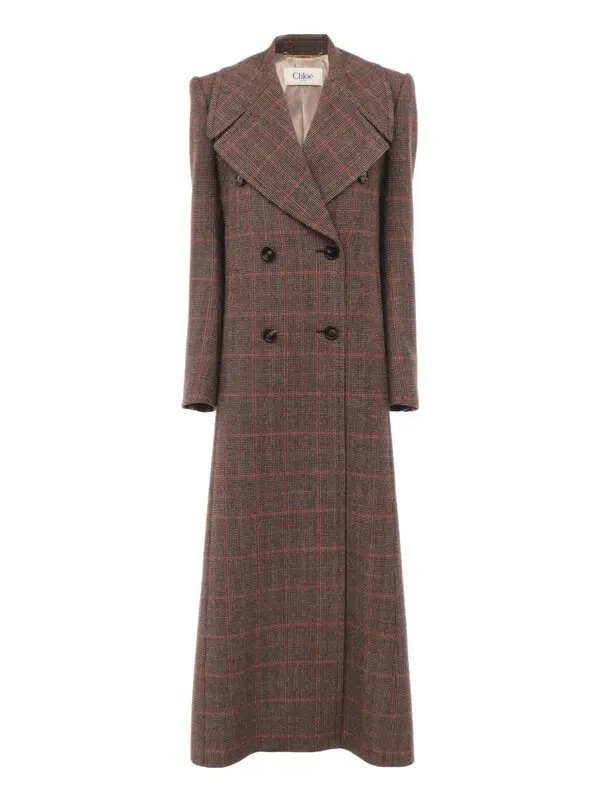 Chloé Double Breasted Checked Coat - Brown
