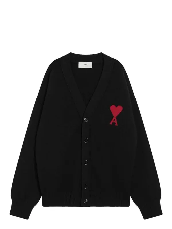 Ami Logo Intarsia Knitted Cardigan - Black