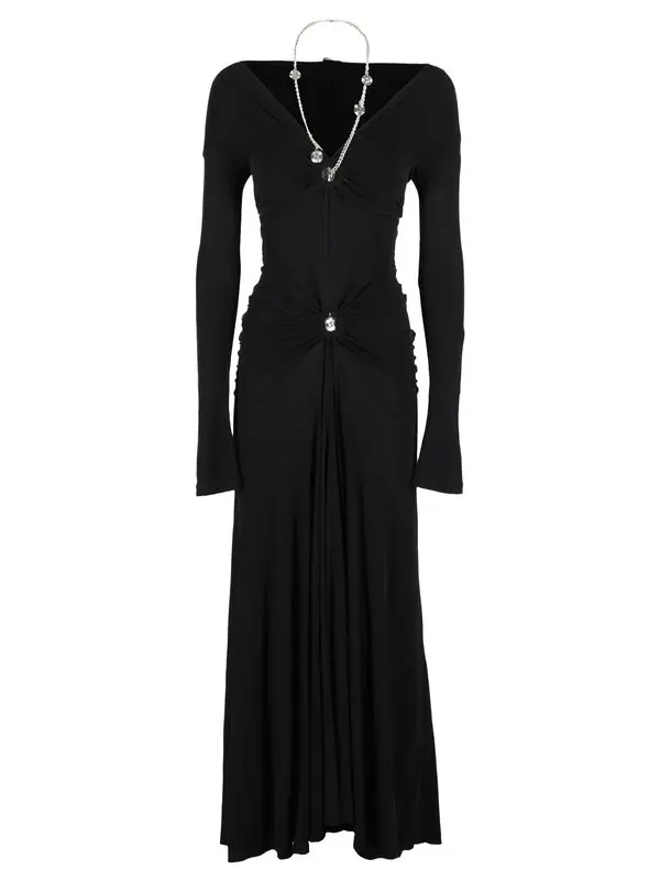 Rabanne Long-sleeved V-neck Maxi Dress With Chain Belt - Black