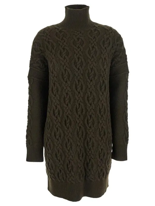 Max Mara Cable Knit High Neck Long Sleeve Sweater Dress - Black