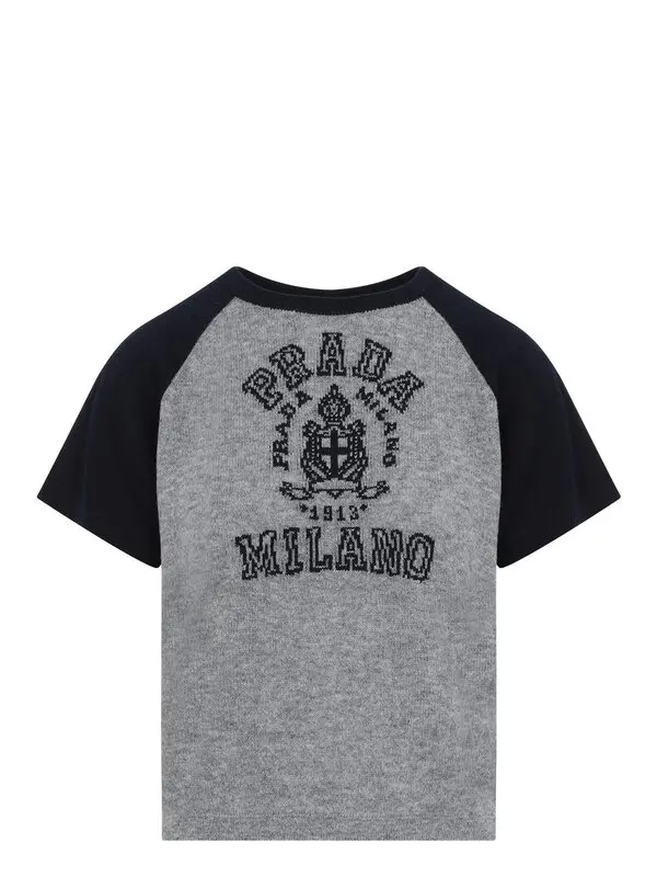 Prada Knitted Short Sleeve Top With Logo Detail - Gray