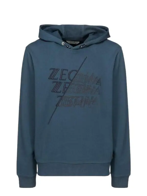 Zegna Embroidered Logo Cotton Hoodie - Blue