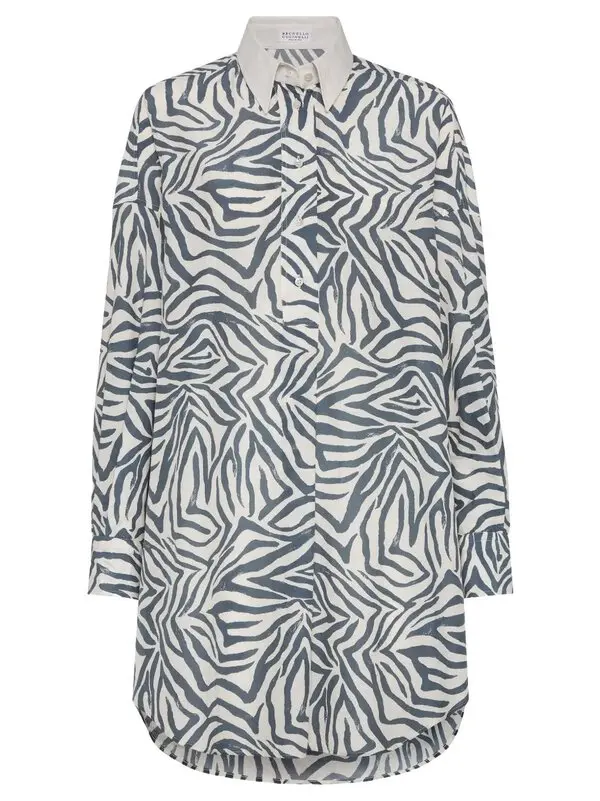 Brunello Cucinelli Zebra Print Cotton-silk Long Sleeve Shirt Dress - Gray