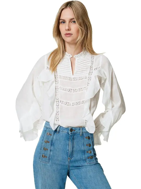 TWINSET Long-sleeved Shirt With Lotus Leaf Trim - White