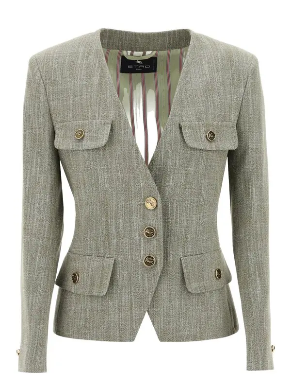 Etro Single-breasted V-neck Jacket With Button Details - Gray