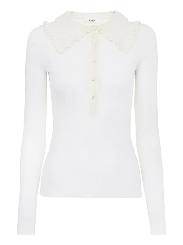 Chloé Lace Collar Long Sleeve Knit Shirt - White