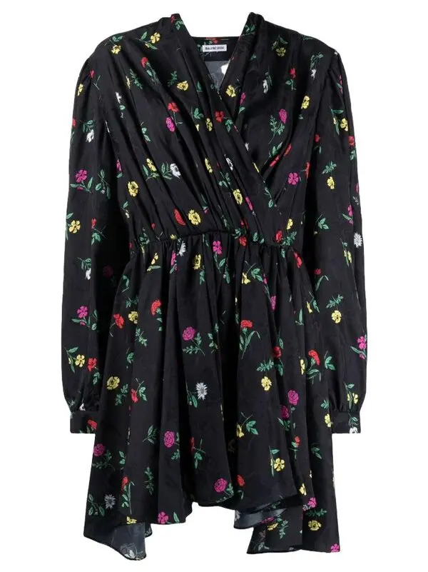 Balenciaga V-neck Floral-printed Mini Dress - Black