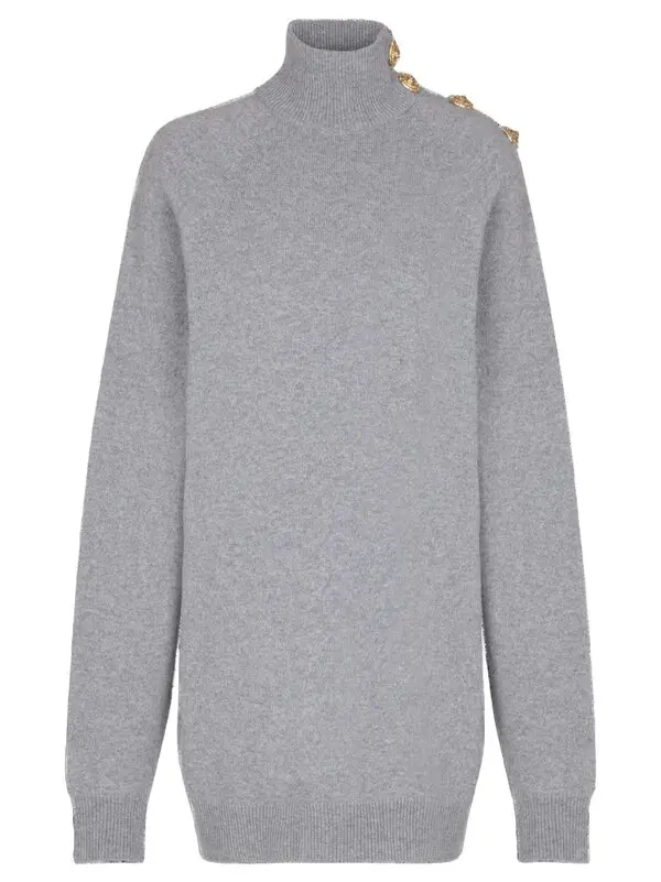 Balmain Turtleneck Knit Dress With Lion Head Buttons - Grey