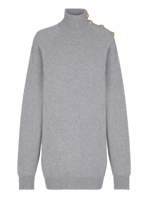 Balmain Turtleneck Knit Dress With Lion Head Buttons - Grey