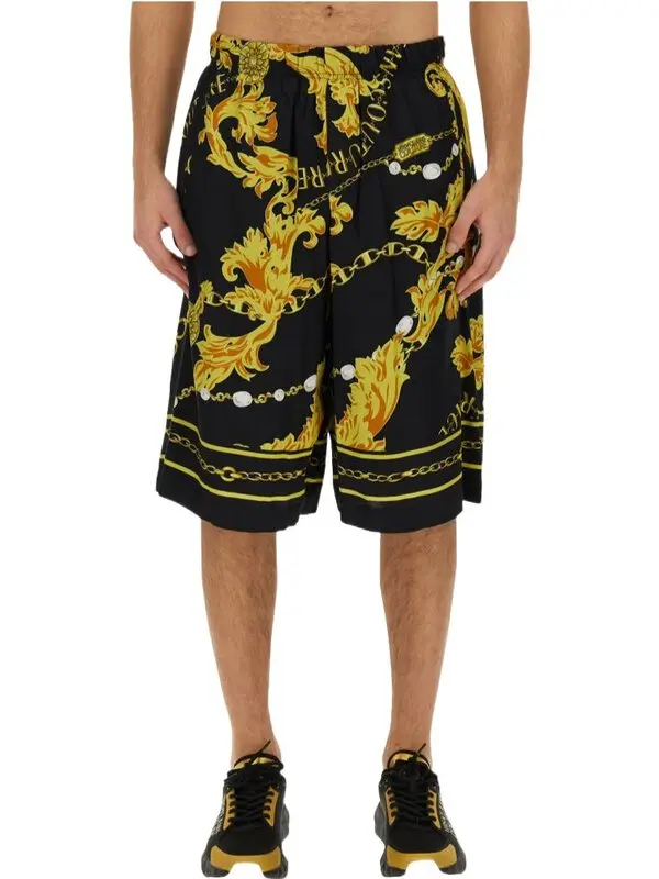 Versace Barocco Printed Knee Length Track Shorts - Black Gold