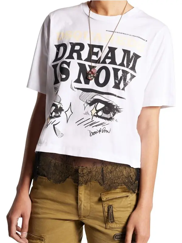 Dsquared2 Graphic Print Crewneck T-shirt With Lace Hem Detail - White