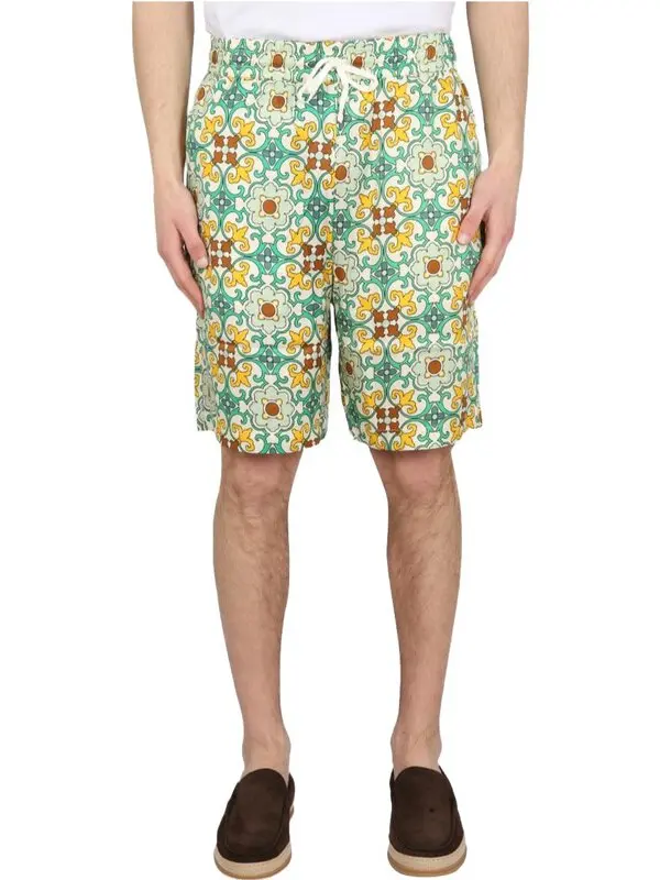Drole De Monsieur Graphic Print Elastic Waist Shorts - Green