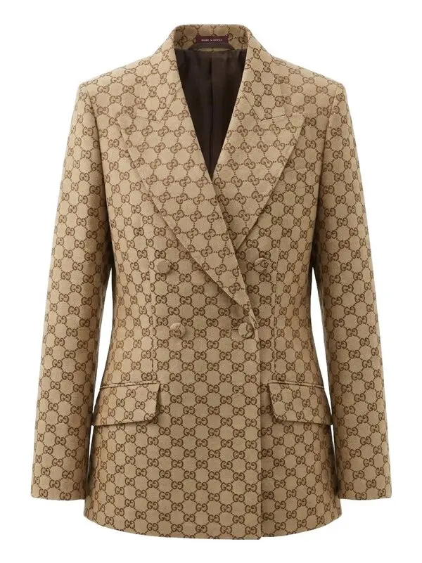Gucci Double-breasted Gg Canvas Jacket - Camel/ebony