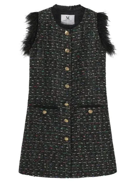 MARISSA CHIARA Sleeveless Feather Trim Button-up Maxi Dress - Black