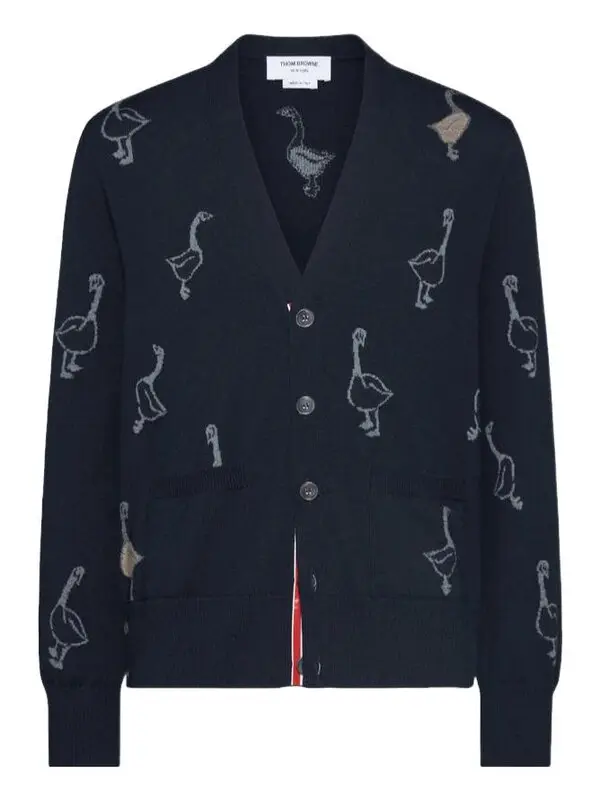 Thom Browne Long Sleeve V-neck Cardigan With Goose Motif - Navy Blue