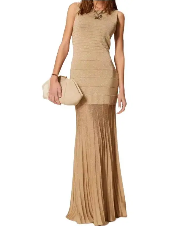 TWINSET Lurex Cut-out Knitted Maxi Dress - Nude