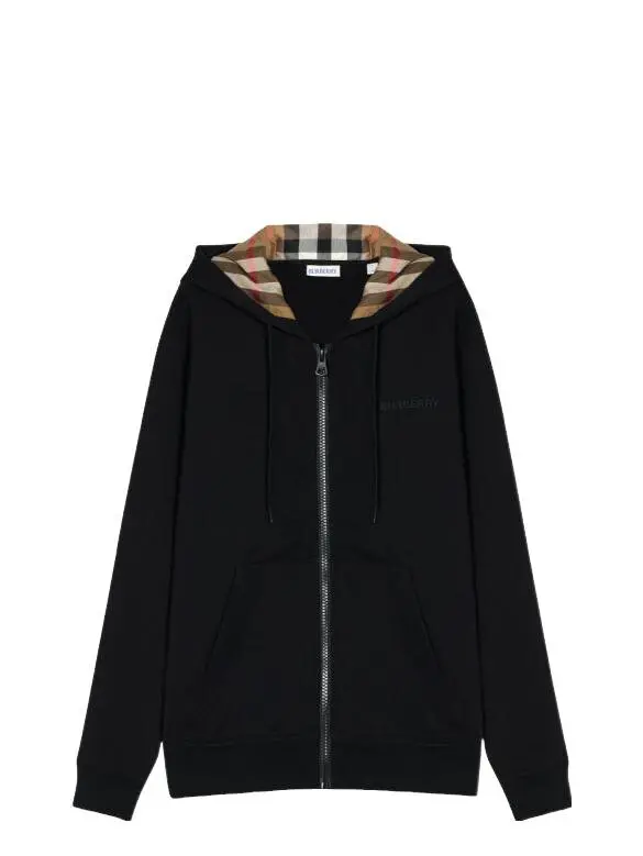 Burberry Cotton Blend Zip Hoodie With Logo Detail - Black
