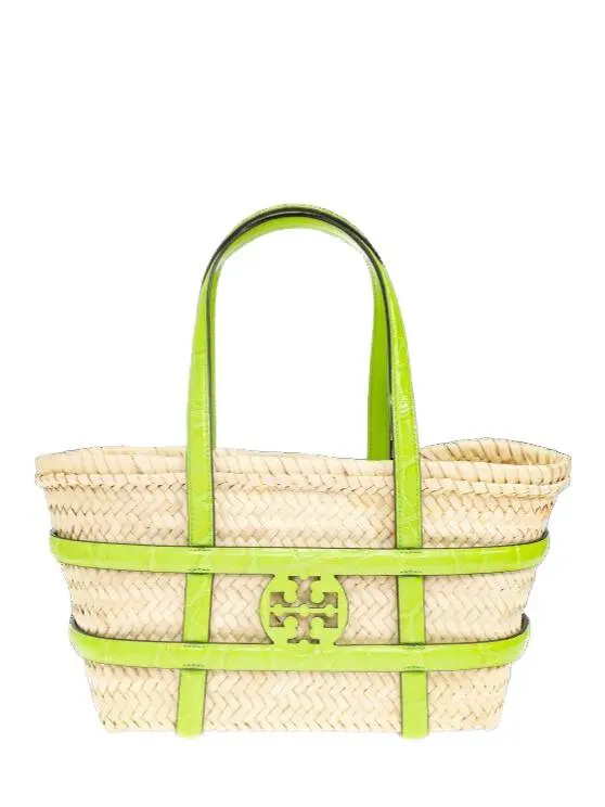 Tory Burch Small Ella Straw Basket Bag With Croc Effect Trim - Nude