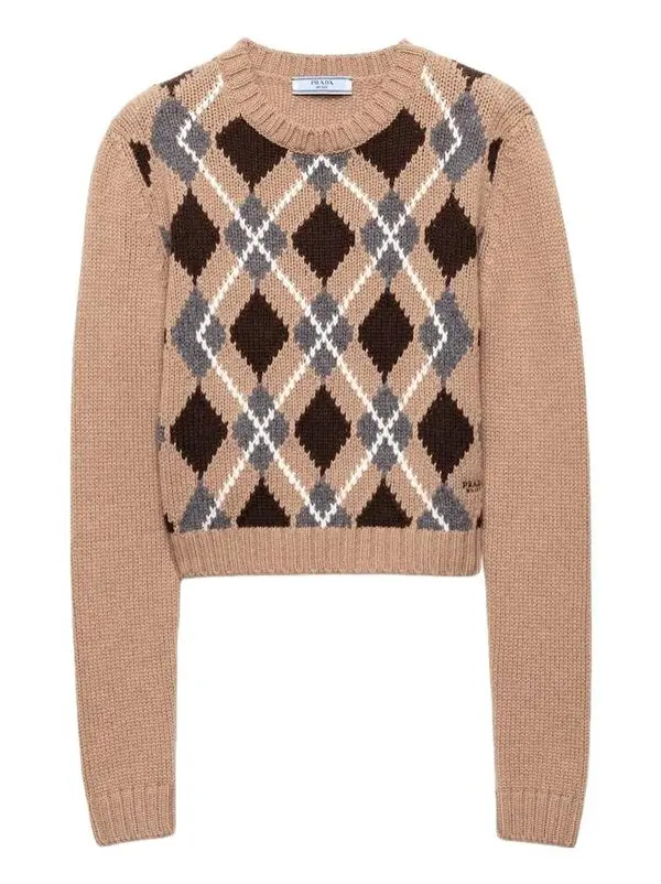 Prada Argyle Crewneck Jumper - Camel Brown