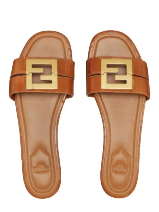 Fendi Ff Logo Plaque Slides - Brown