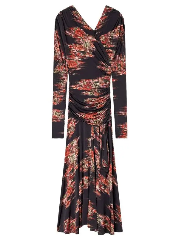 GANNI Floral Print Asymmetrical Neckline Draped Ruched Dress - Black