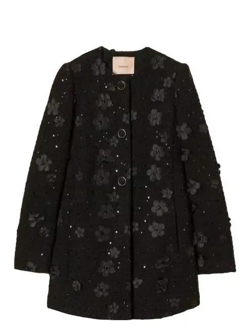 TWINSET Flowers And Sequins Bouclé Coat - Black