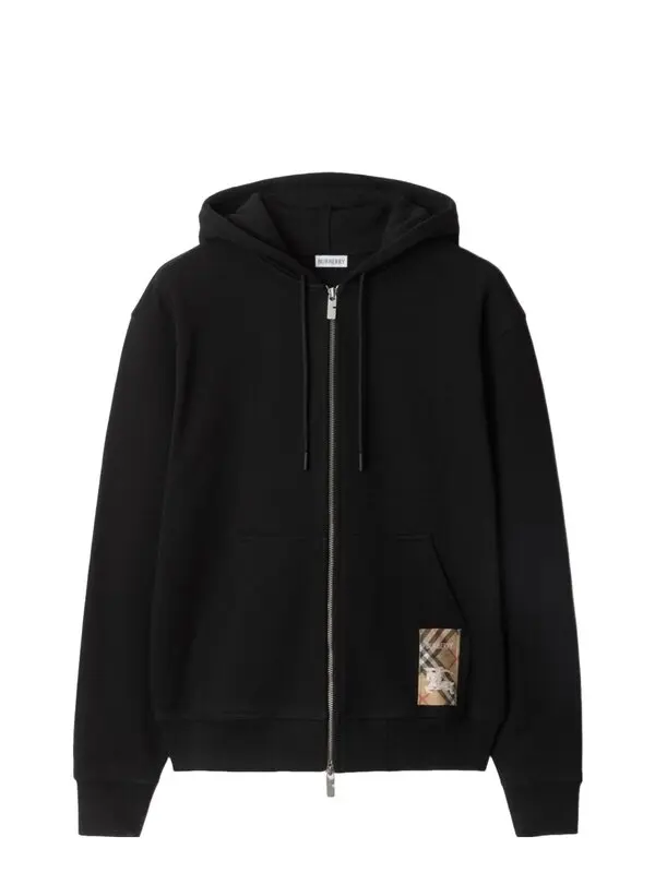 Burberry Check-label Zip-up Drawstring Hoodie - Black