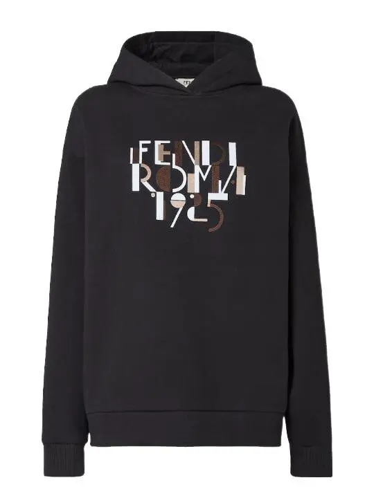 Fendi Roma Logo Printed Cotton Hoodie - Black