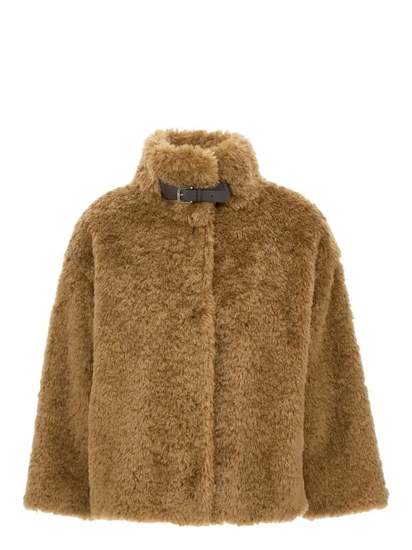 Herno High-neck Fur Jacket With Buckle Detail - Brown