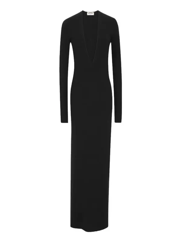 Saint Laurent Long Wool V-neck Dress - Black