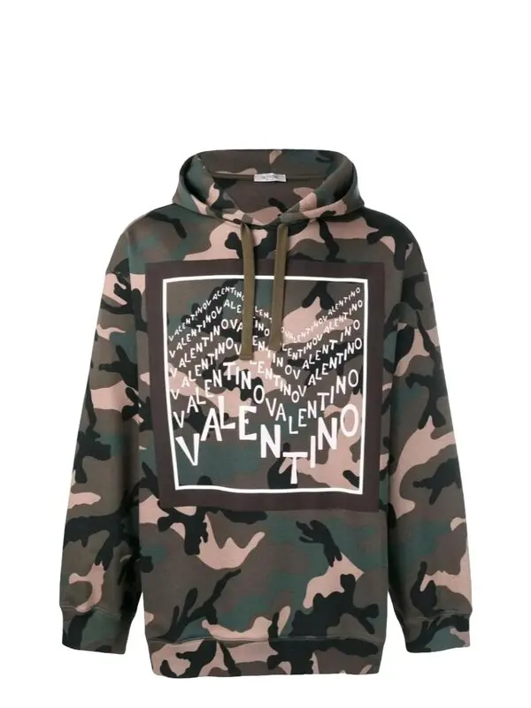 Valentino Garavani Camouflage Logo Print Cotton Blend Hoodie - Black