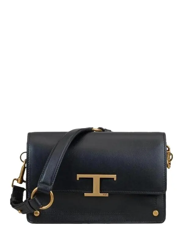 TOD'S Leather Mini Shoulder Bag With T Logo Buckle - Black
