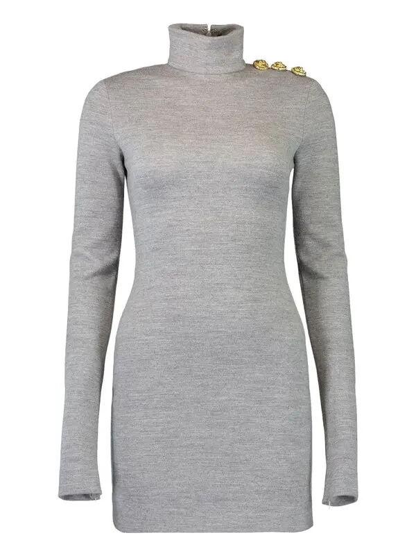 Balmain Turtleneck Long-sleeve Dress With Button Detailing - Grey