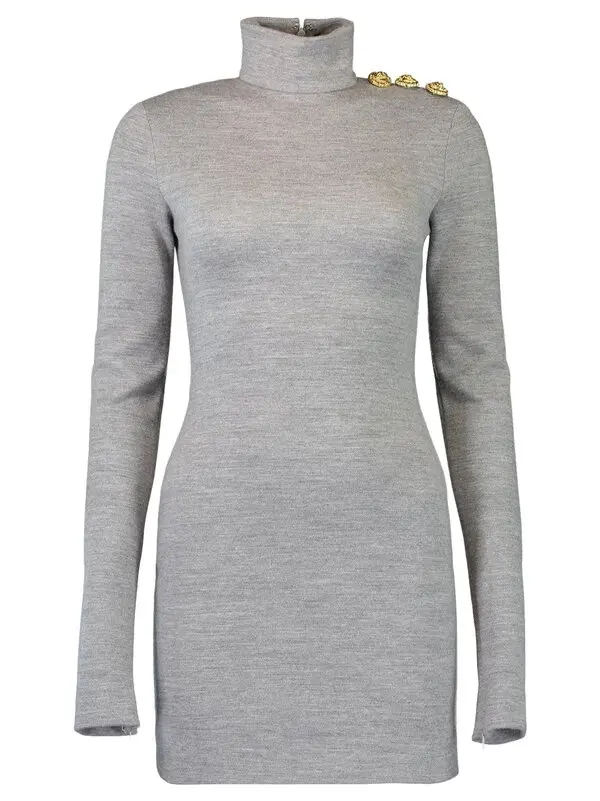 Balmain Turtleneck Long-sleeve Dress With Button Detailing - Grey