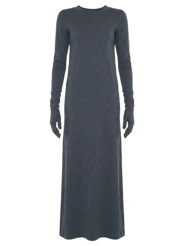 Norma Kamali Long Sleeve Ankle Dress With Side Slit - Dark Hemp Gray