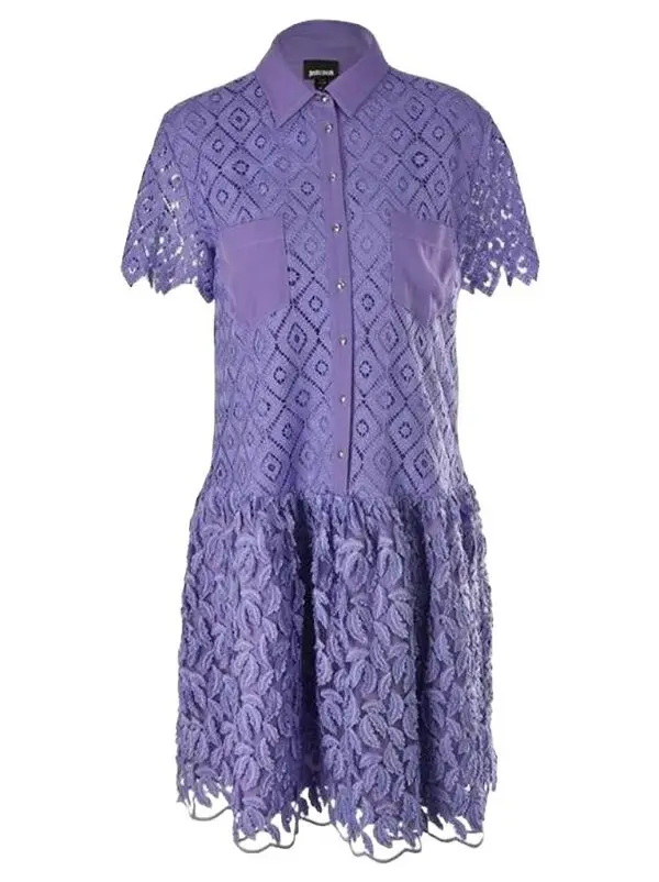 Just Cavalli Lace Carved Short Sleeve Dress - Blue