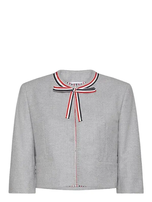 Thom Browne Cropped Flannel Jacket With Bow Detail - Gray