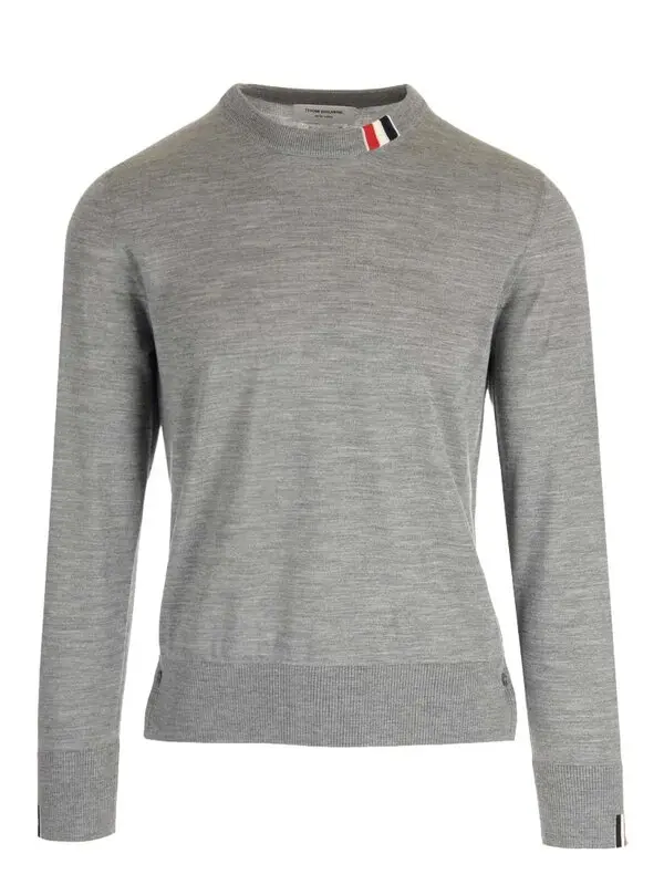 Thom Browne Crewneck Jumper With Rwb Stripe Detail - Light Gray