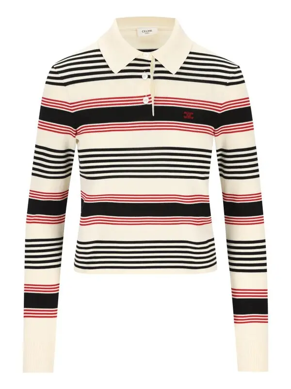 Celine Striped Cotton Polo Sweater - White