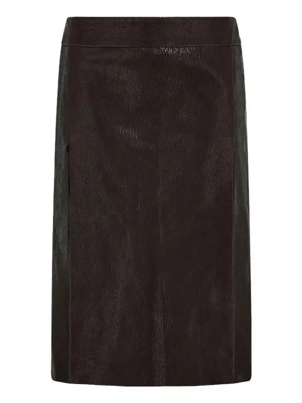 FERRAGAMO Midi Leather Skirt With Overlapping Slits - Espresso