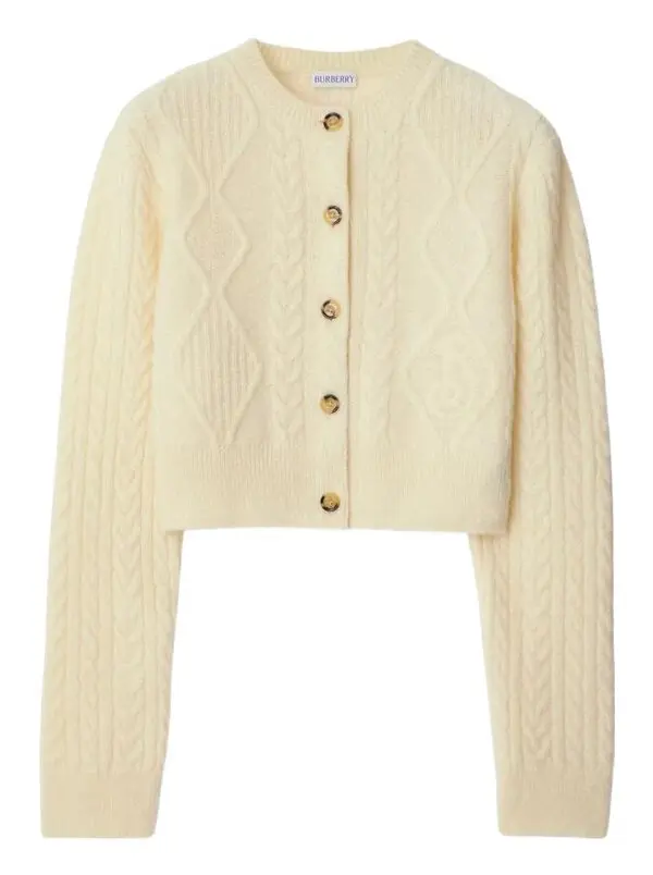Burberry Cropped Aran-knit Cardigan With Embroidered B Shield - Snow