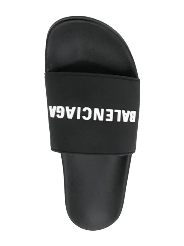 Balenciaga Logo Printed Pool Slides - Black