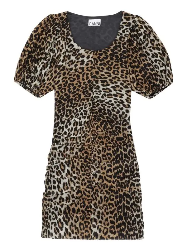 GANNI Leopard Print Ruched Dress - Black