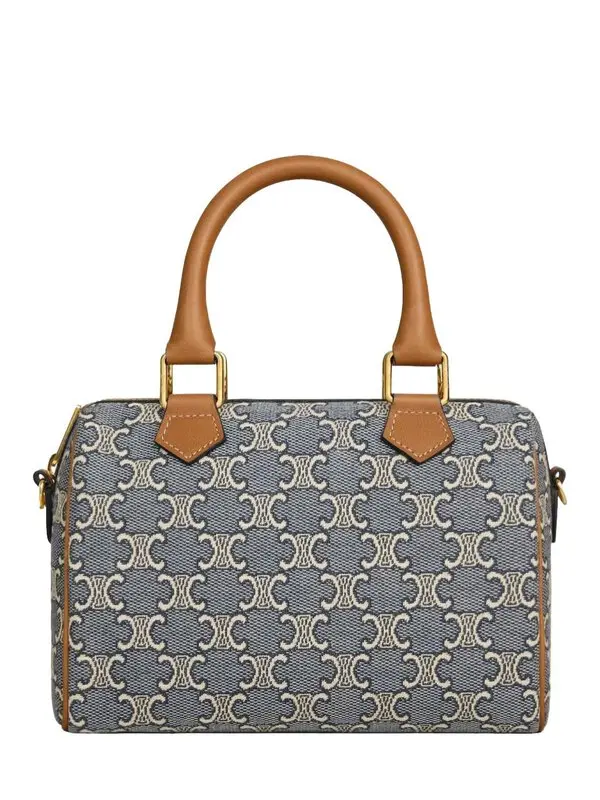 Celine Small Boston Bag In Triomphe Jacquard And Calfskin - Navy Blue/off-white