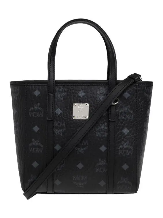 Mcm Monogrammed Logo Plaque Tote Bag - Black