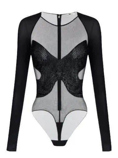 Elisabetta Franchi Long Sleeve Tulle Jersey Bodysuit - Black