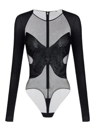 Elisabetta Franchi Long Sleeve Tulle Jersey Bodysuit - Black