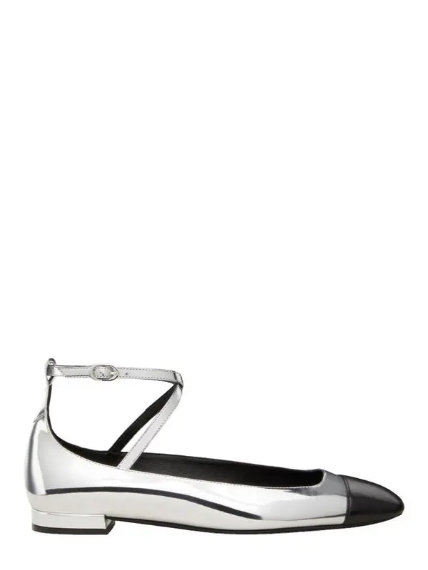 STUART WEITZMAN Leather Ballerina Flats With Ankle Strap - Silver/black