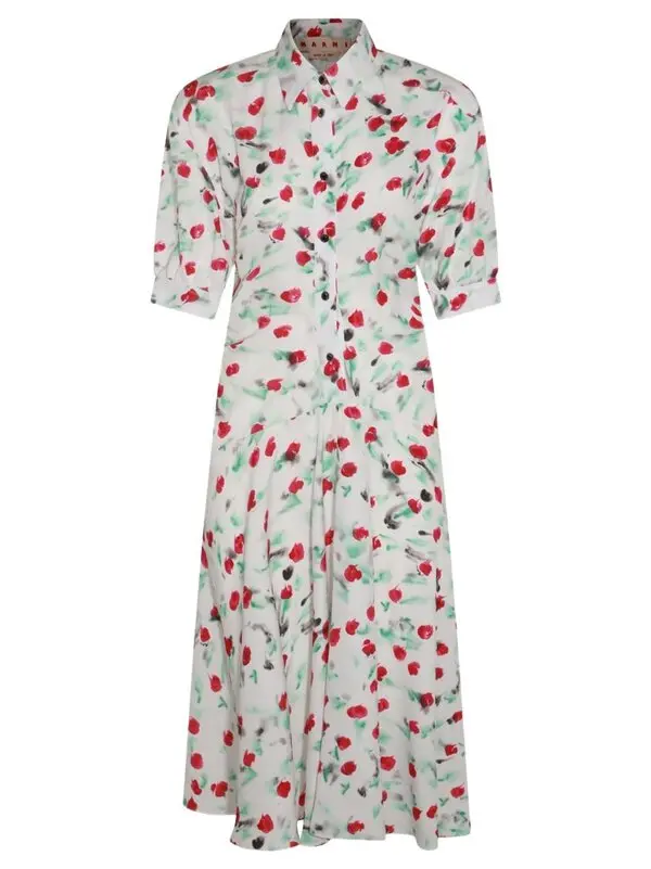Marni Floral Printed Midi Shirt Dress - White