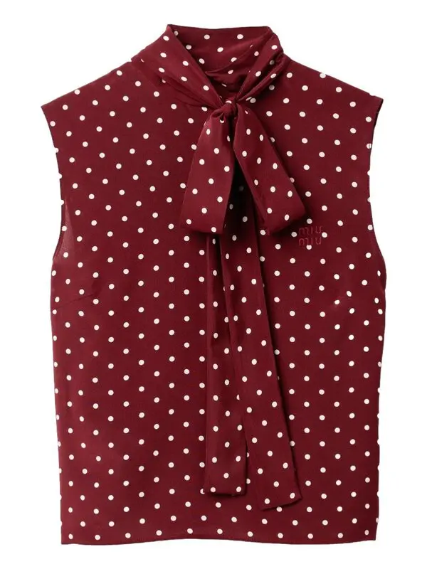Miu Miu Sleeveless Crepe De Chine Top With Embroidered Logo - Amaranth/ivory